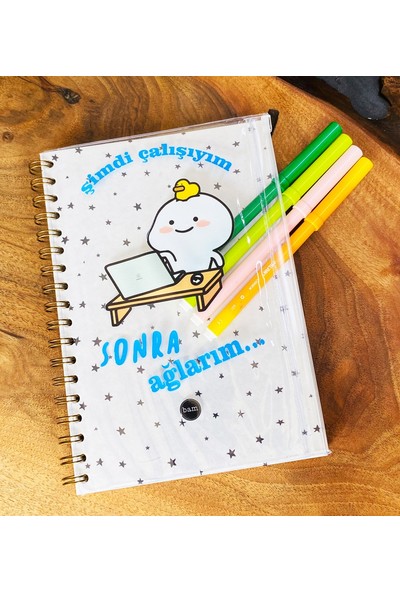 Gift Moda Şimdi Çalışıyım Sonra Ağlarım Tasarımlı Çanta Kapaklı Spiralli Defter