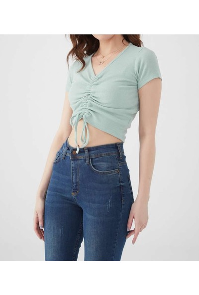 Space Kaşkorse Büzgülü Crop Bluz