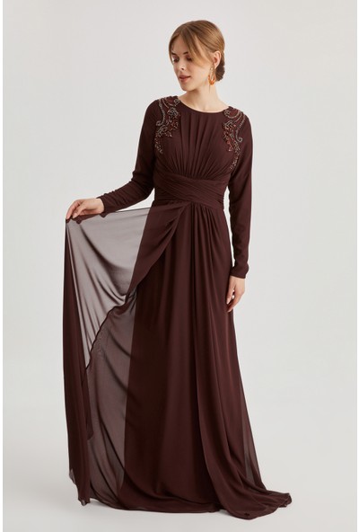 Z Giyim Kadın Kahverengi Yuvarlak Yaka Işlemeli Abiye Z Giyim Kadın Kahverengi Yuvarlak Yaka Işlemeli Abiye