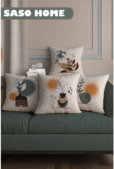 Saso Home Drought And Wildflowers Desenli Dijital Baskılı Yastık - Kırlent Kılıfı 4'lü