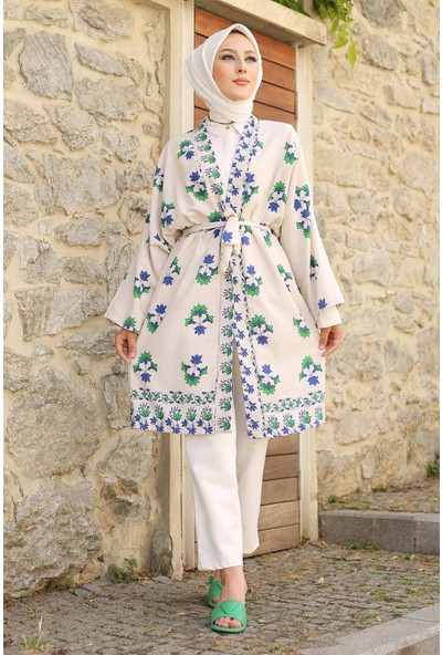 İmaj Butik Desenli Keten Tesettür Kimono Saks