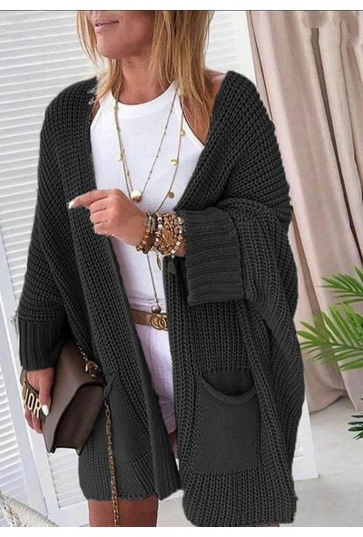 Rengamoda Oversize Kalıp Cepli Salaş Triko Hırka (Siyah)