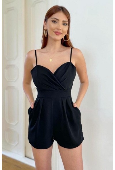 Rengamoda Askılı Kruvaze Yaka Şort Tulum (Siyah)