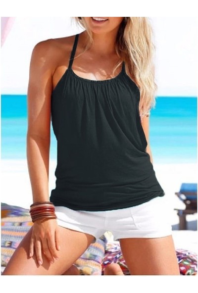 Rengamoda Viskon Kumaş Askılı Bluz (Siyah)