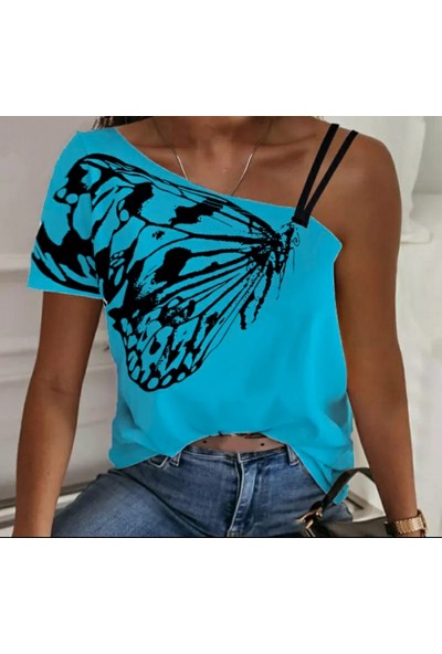 Rengamoda Kelebek Baskılı Askı Detay Viskon Kumaş Bluz (60CM)