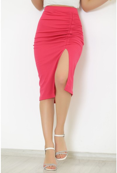 Hepsiyenimoda Yanı Yırtmaçlı Büzgülü Etek Fuşya