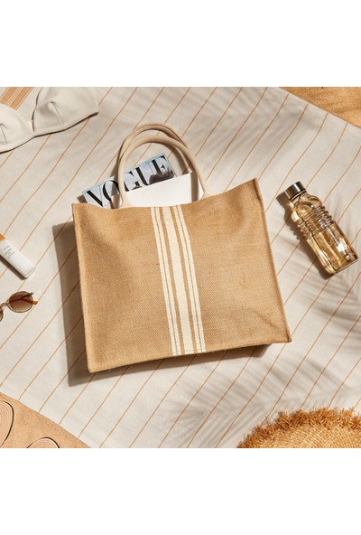 Ocean Home Çizgi Baskılı Naturel Jüt Çanta // 42X35X12