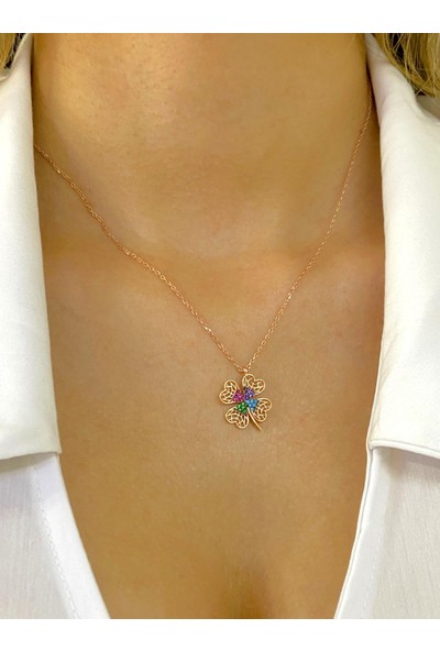 MaGümüş 925 Gümüş Üst Kalite Yonca Renkli Doğal Taş Kolye