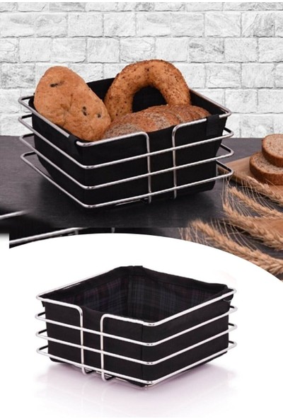 Maksipazar Kare Metal Krom Ekmeklik Siyah Kumaş Lux Dekoratif Ekmek Sepeti