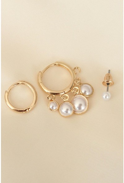 Altın Renk Incili Halka Küpe Seti