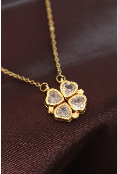 Çelik Altın Renk Taşlı Kalp Figürlü Yonca Kolye