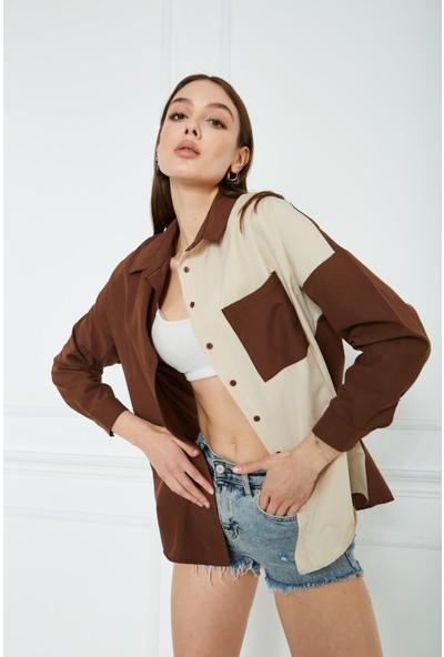 Comstarmoda Kadın Blok Renkli Oversize Çift Renk Poplin Gömlek Comstarmoda Kadın Blok Renkli Oversize Çift Renk Poplin Gömlek