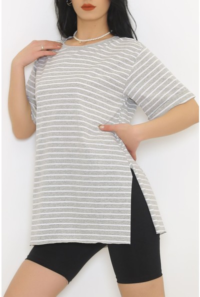 Aygi Çizgili Tişört Gribeyaz