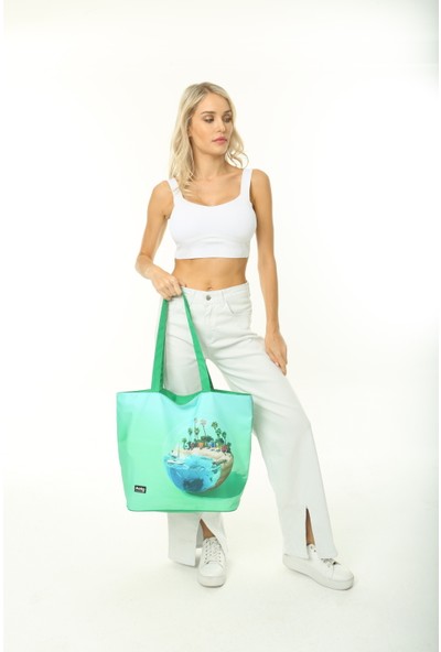 Motto Bag Omuz Askılı Fermuar Kapamalı Baskılı Kadın Plaj Çantası