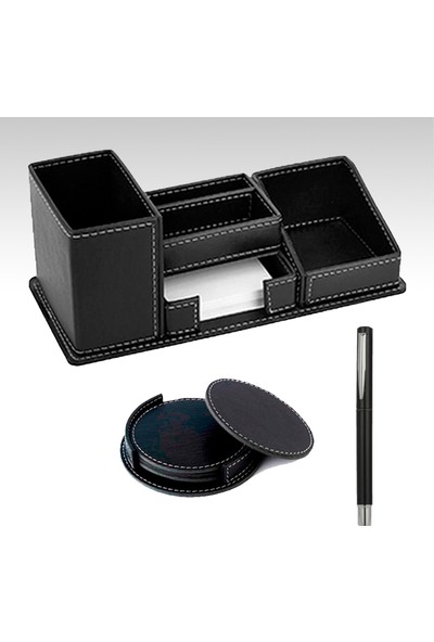 Egesta Ofis Seti Organizer, Masaüstü Suni Deri Kalemlik + 4'lü Deri Bardak Altlığı + Güzel Yazan Roller Imza Kalemi Egesta Ofis Seti Organizer, Masaüstü Suni Deri Kalemlik + 4'lü Deri Bardak Altlığı + Güzel Yazan Roller Imza Kalemi
