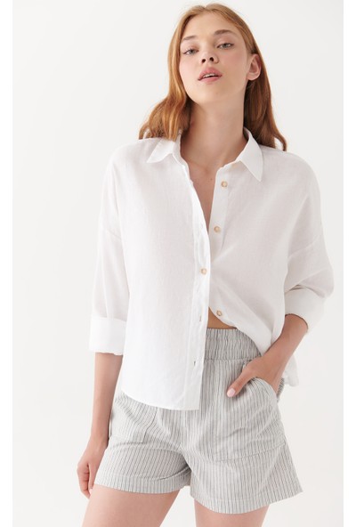 Mavi Keten Karışımlı Çizgili Mavi Gömlek