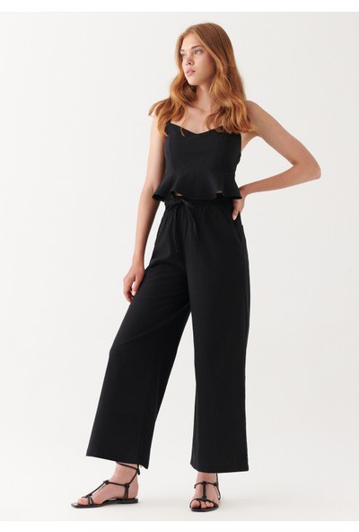 Mavi Keten Karışımlı Siyah Pantolon