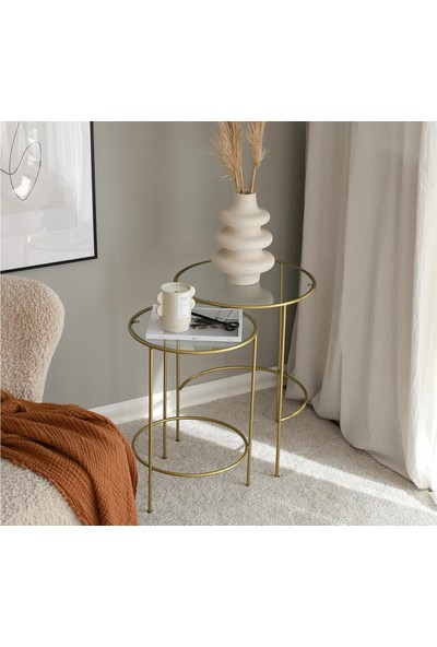 Pirangi Yuvarlak Cam Zigon Sehpa Gold 2'li