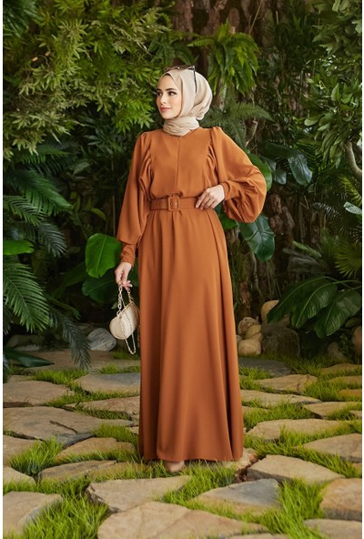 Kemerli Krep Elbise Tarçın 6583