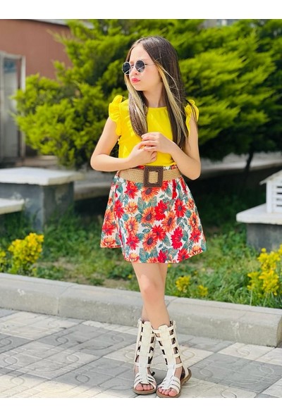 Moos Kids Kız Çoçuk, Sarı Bady, Hasır Kemer, Desenli Etek Takımı Moos Kids Kız Çoçuk, Sarı Bady, Hasır Kemer, Desenli Etek Takımı