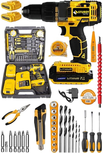 Sturdy 58V 8AH Lıon Çift Akülü Turbo Şarjlı Vidalama Matkap 39 Parça Setli Sturdy 58V 8AH Lıon Çift Akülü Turbo Şarjlı Vidalama Matkap 39 Parça Setli