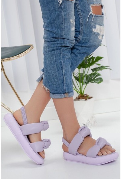 Pabucmarketi Çift Bant Yüksek Taban Lila Balon Kadın Sandalet