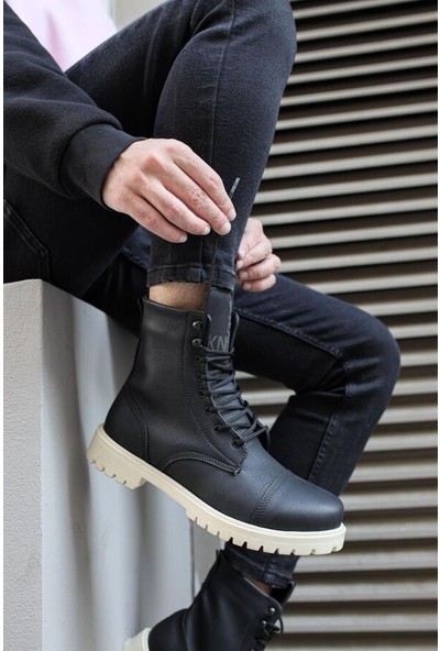 Pabucmarketi Erkek Yüksek Taban Bot Siyah (Beyaz Taban) Pabucmarketi Erkek Yüksek Taban Bot Siyah (Beyaz Taban)