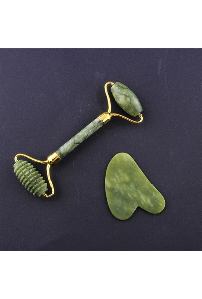 Osmanlı Doğal Taş 1. Sınıf Yeşim Doğal Taşı Tırtıklı Roller ve Kalpli Gua Sha Masaj Takımı