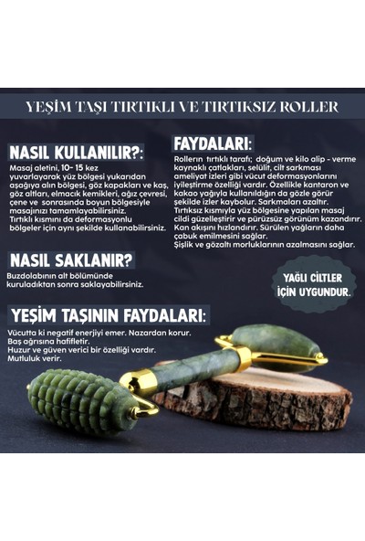Osmanlı Doğal Taş Tırtıklı Yeşim Roller Kalpli Yeşim Gua Sha Set