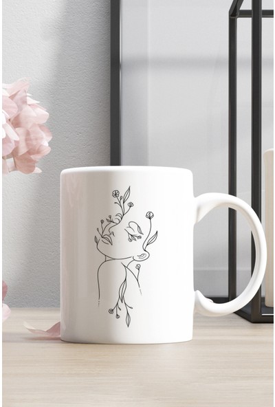 Yayıncın Çiçek Motifli Tek Çizgi Sanatlı Kadın Tasarımlı Kupa Bardak