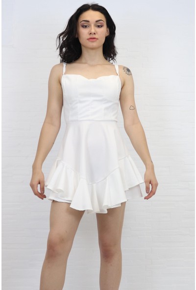 Look Butik Eteği Volanlı Ip Askılı Mini Elbise Beyaz
