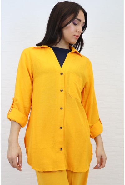 Look Butik Kolları Apoletli V Yaka Keten Kadın Gömlek Turuncu Look Butik Kolları Apoletli V Yaka Keten Kadın Gömlek Turuncu