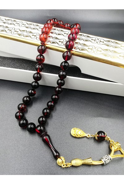 İbrahim Altıntaş Kırmızı-Siyah Kombinli Küre Kesim Kehribar Tespih