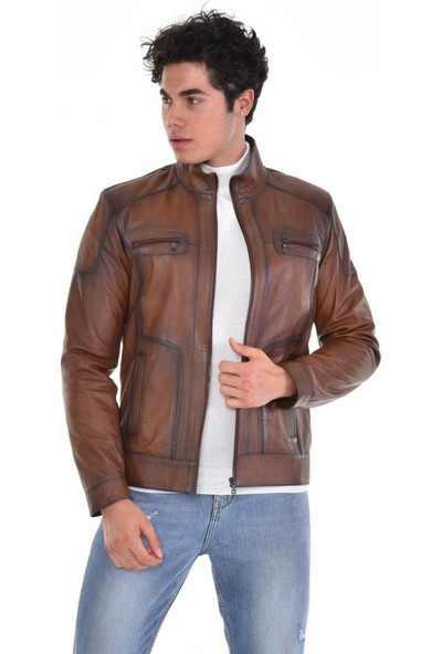 Kahverengi Eskitme Motifli Hakim Yaka Hakiki Erkek Deri Mont, Hakiki Kuzu Deri Ceket Kahverengi Eskitme Motifli Hakim Yaka Hakiki Erkek Deri Mont, Hakiki Kuzu Deri Ceket