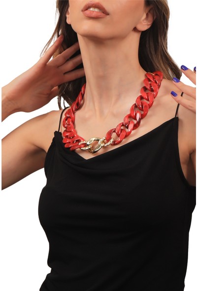 Labalaba Kadın Kalın Zincir Formlu Kırmızı Reçine Kolye