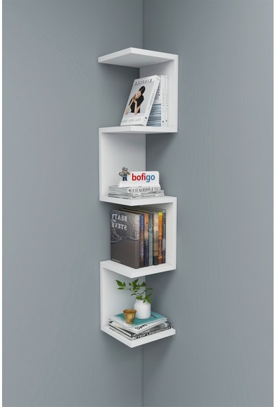 Bofigo Zikzak Kitaplık Köşe Kitaplık Duvar Rafı Dekoratif Raf Beyaz