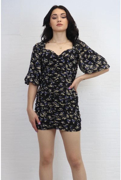Look Butik Desenli Kumaş Drapeli Kısa Kol Mini Elbise Siyah