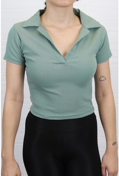 Look Butik Polo Yaka Kısa Kol Kadın Badi Yeşil