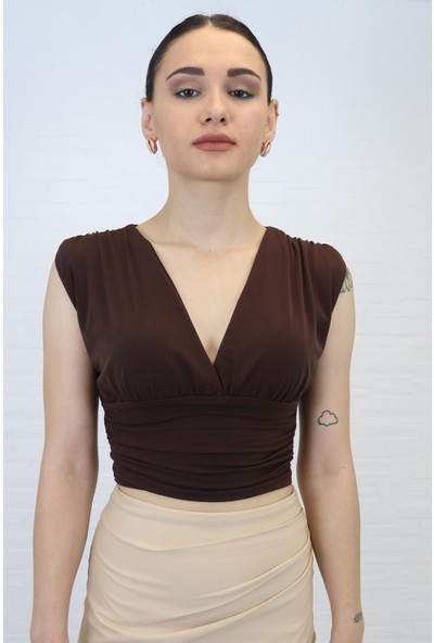 Look Butik Büzgülü Kolsuz Candy Bluz Kahverengi