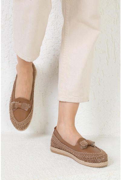 Lorenya Kadın Hasır Örgülü Ortopedik Taban Kahverengi Babet Ayakkabı