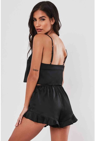Esinist Saten Şortlu Pijama Takım Siyah