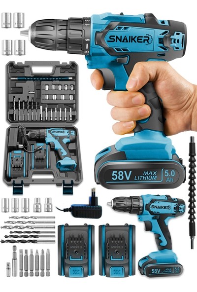 Snaiker Tx 58 V 5 Ah Darbesiz Metal Şanzıman Çift Akülü Şarjlı Vidalama Matkap + 24 Parça Set Snaiker Tx 58 V 5 Ah Darbesiz Metal Şanzıman Çift Akülü Şarjlı Vidalama Matkap + 24 Parça Set