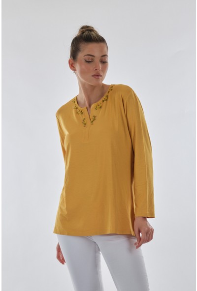 Desen Yuvarlak Yaka Çiçekli Uzun Kollu Hardal Kadın Bluz 22120702