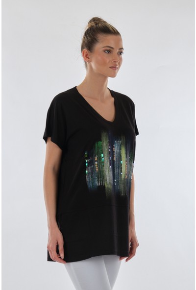 Lal V Yaka Desenli Kısa Kollu Siyah Kadın Bluz 22150523