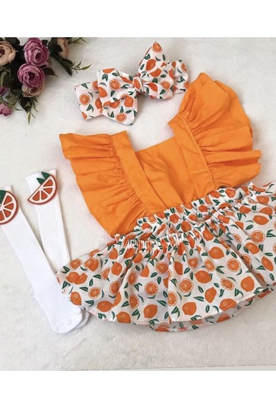 Portakal Desenli Salopet Bandana ve Çorap Seti Portakal Desenli Salopet Bandana ve Çorap Seti
