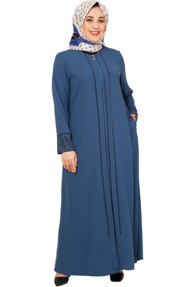 Moda Çizgi Dantel Detaylı Fermuarlı Ferace Indigo Moda Çizgi Dantel Detaylı Fermuarlı Ferace Indigo