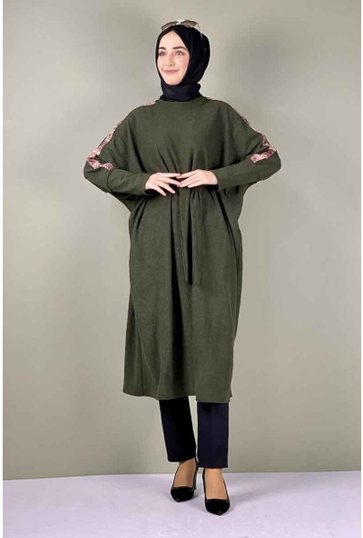 Moda Çizgi Kadife Panço Haki