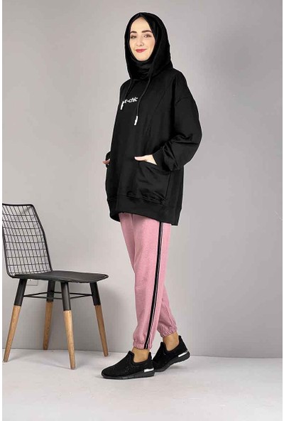Moda Çizgi Şerit Detaylı Eşofman Altı Pudra Siyah Moda Çizgi Şerit Detaylı Eşofman Altı Pudra Siyah