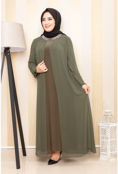 Moda Çizgi Şifon Detaylı Abiye Haki