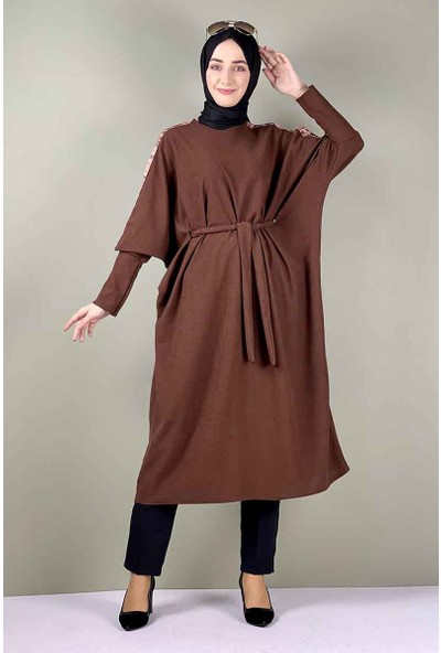 Moda Çizgi Kadife Panço Kahverengi Moda Çizgi Kadife Panço Kahverengi